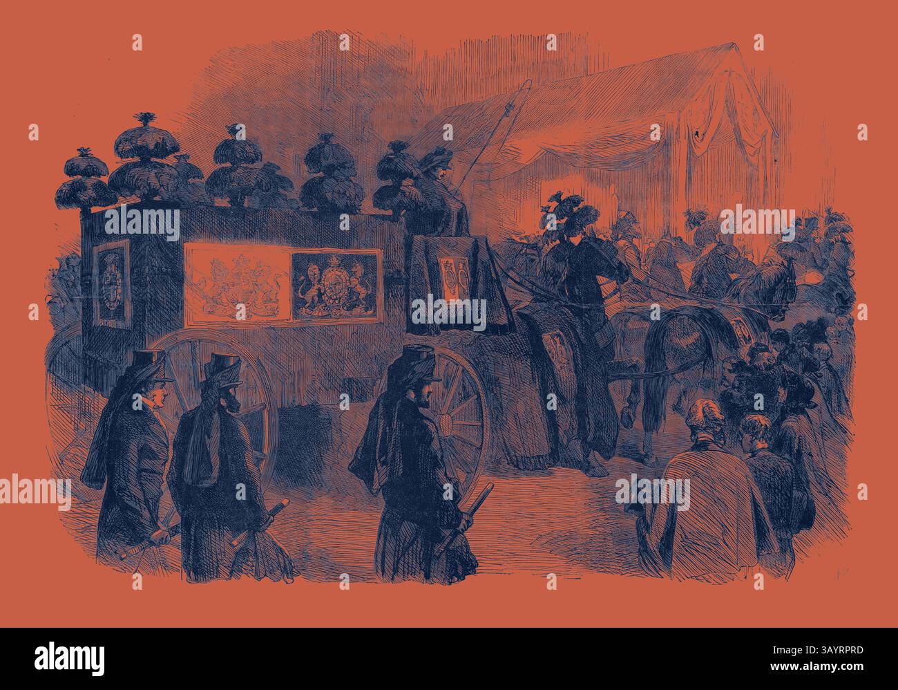 A crowd gathers around a horse-drawn carriage adorned with elaborate ...