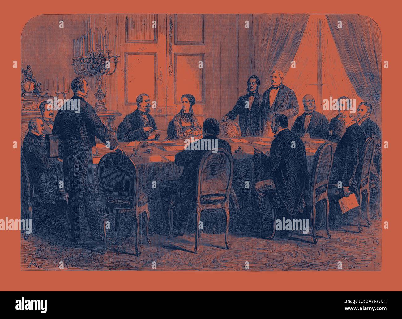 A formal gathering of well-dressed individuals around a large, ornate ...