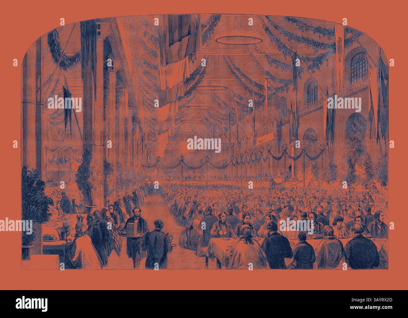 A grand dining hall filled with a large crowd gathered around long ...