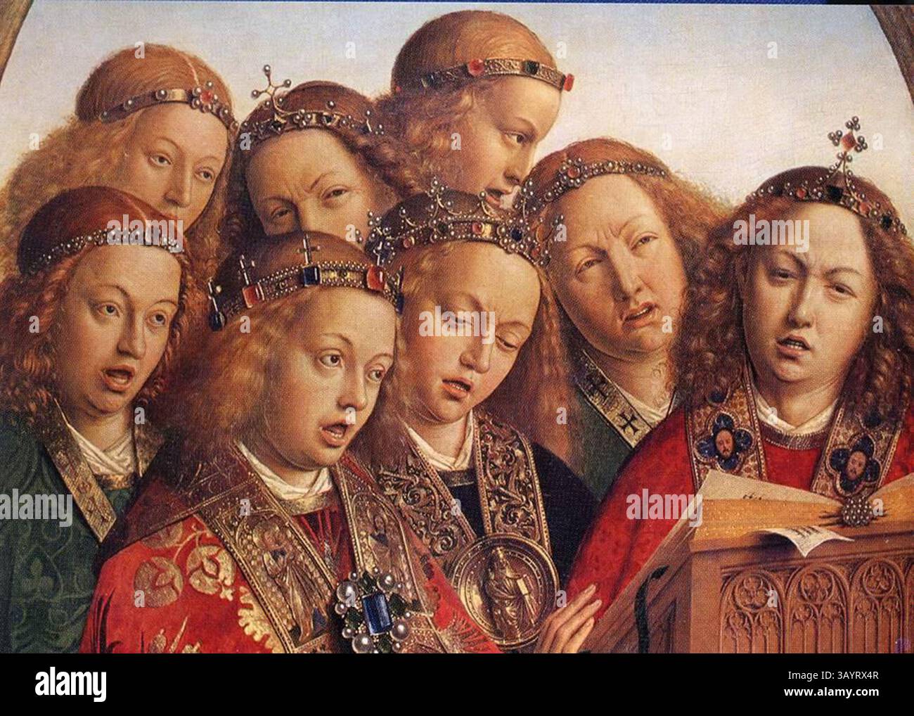 Detail from the "Musical Angels" panel of the Ghent Altarpiece, before ...