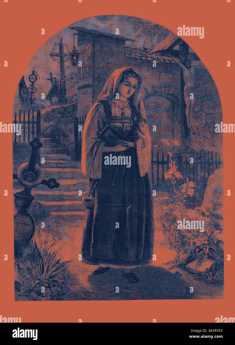 A young woman in traditional attire stands by a well, holding a book ...