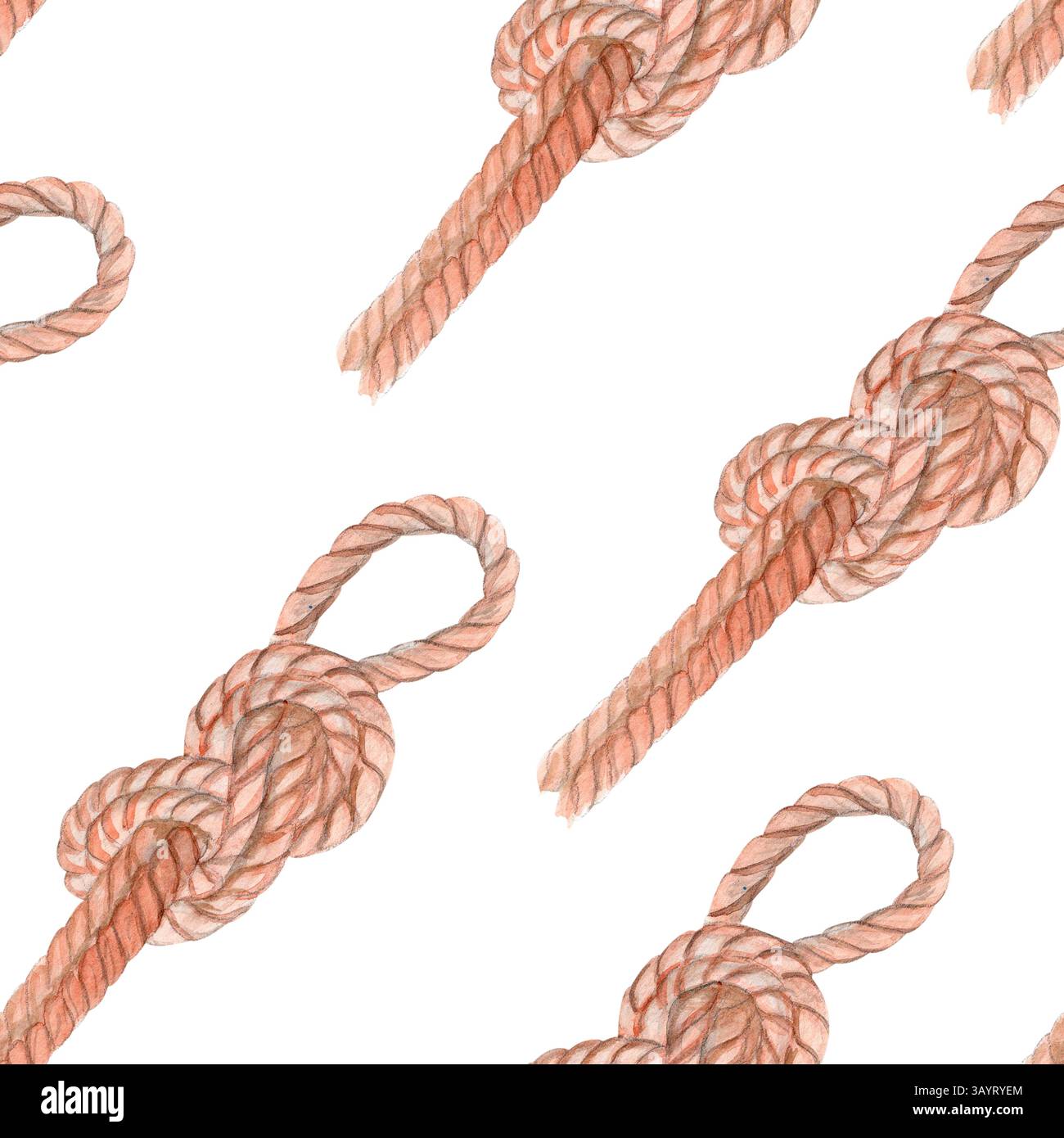 Sailor's rope, tied into a reef knot seamless pattern isolated on white ...