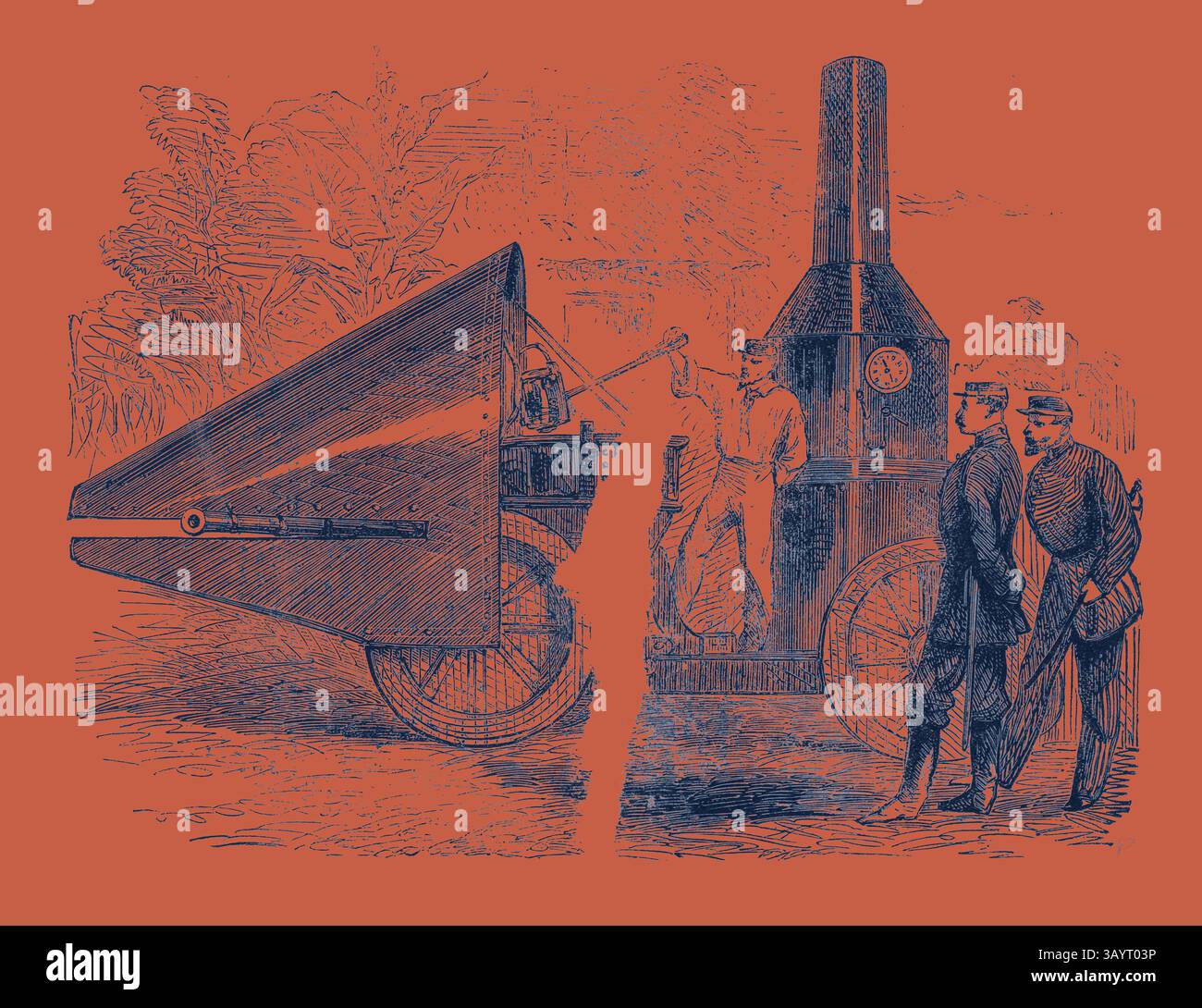 A vintage steam-powered vehicle stands prominently, featuring large ...