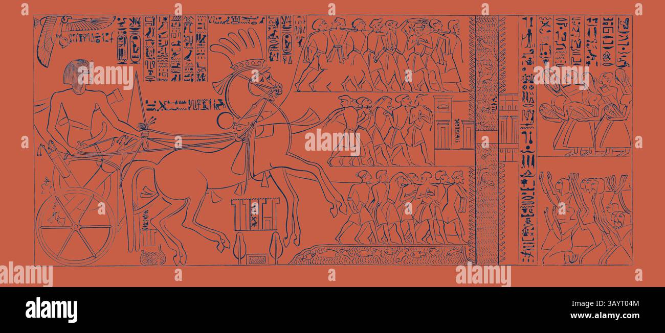 An ancient scene depicting a charioteer leading a majestic horse ...