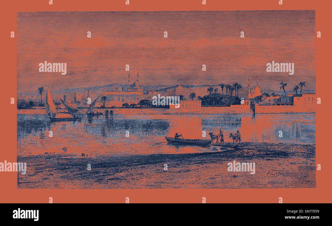 A serene riverside scene featuring traditional sailing boats and ...