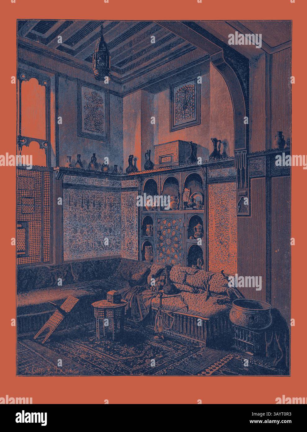 A cozy interior featuring intricate wall patterns, traditional ...