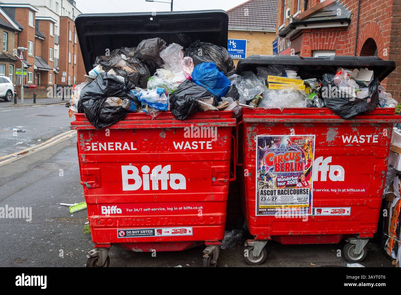 Slough, UK. 21st April, 2025. Commercial general waste Biffa bins ...