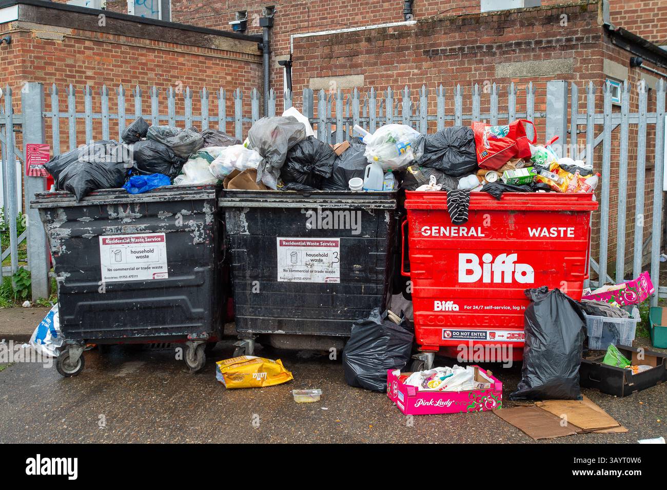 Slough, UK. 21st April, 2025. Commercial general waste Biffa bins ...