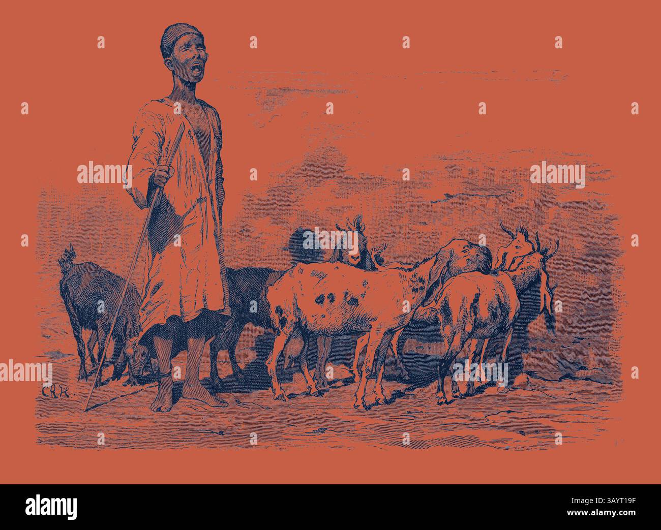 A shepherd stands tall, guiding a flock of goats against a textured ...
