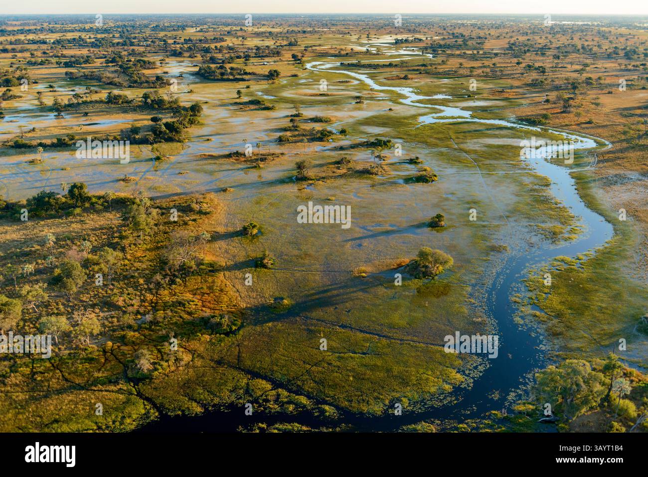Aerial view of the Okavango Delta showing the annual flood as water ...