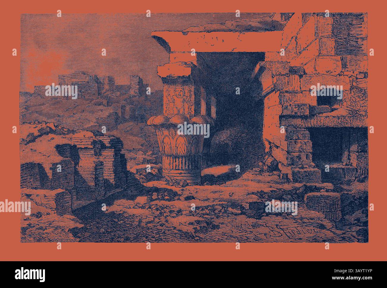 A dramatic depiction of ancient ruins featuring intricate architectural ...