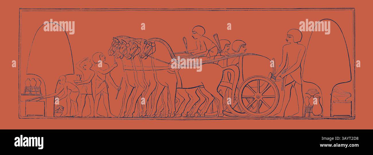 An ancient scene depicting a procession with a chariot drawn by horses ...