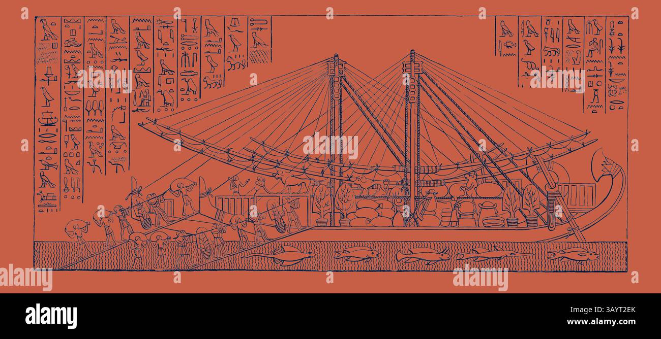 An ancient vessel is depicted with a crew engaged in various tasks ...