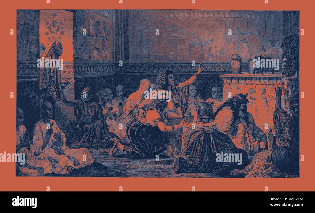 A dramatic scene unfolds in an ancient setting, where a group of ...
