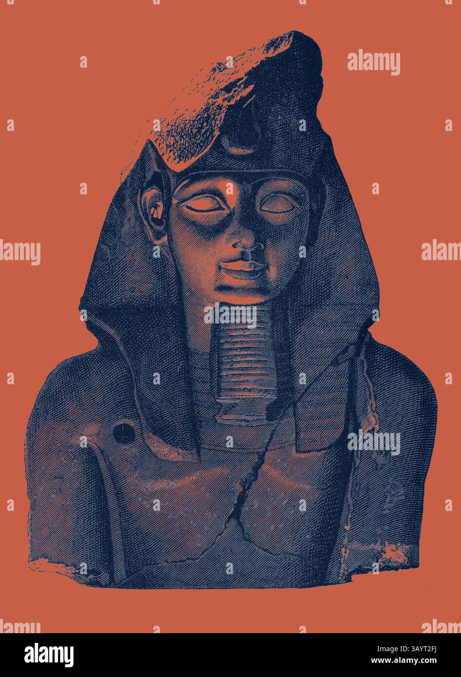 A stylized depiction of an ancient Egyptian sculpture, featuring a ...