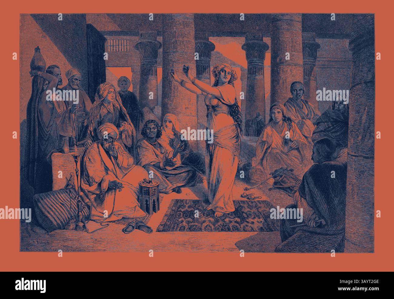 A gathering of individuals in an ancient setting, featuring a central ...