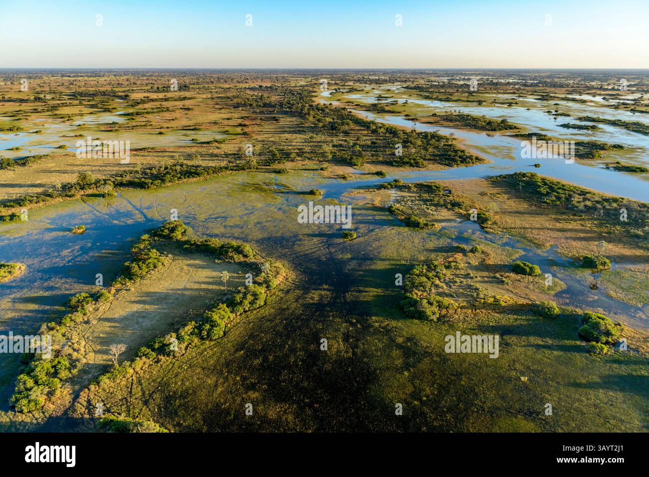 Aerial view of the Okavango Delta showing the annual flood as water ...