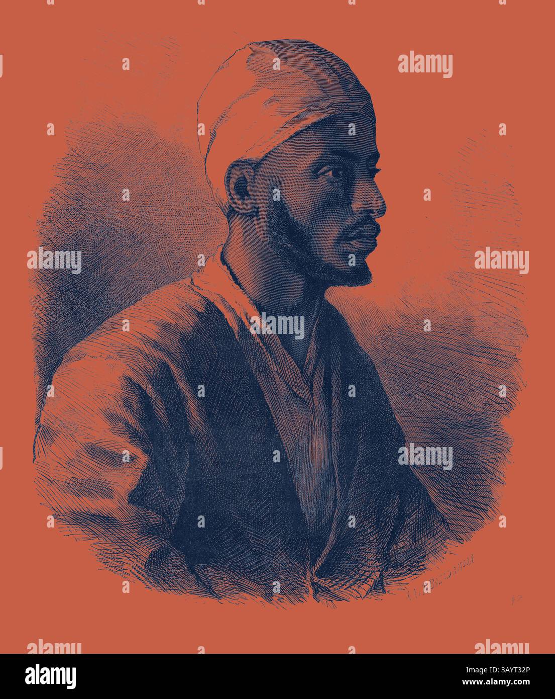 A profile view of a man wearing a turban and traditional attire ...