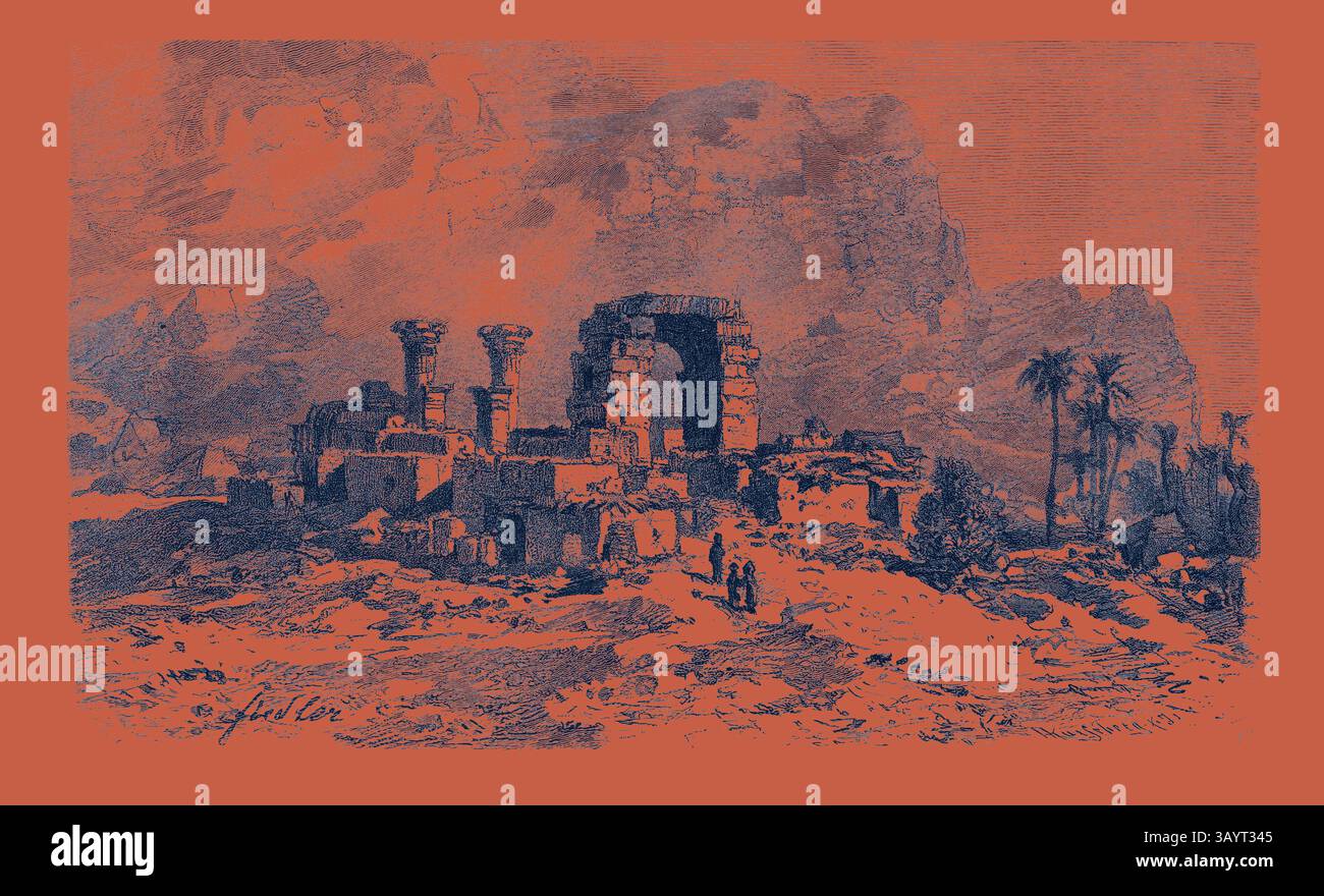 An ancient architectural ruin stands majestically against a rugged ...