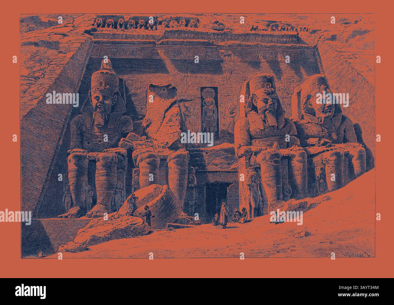 An ancient grand temple facade features colossal stone statues flanking ...