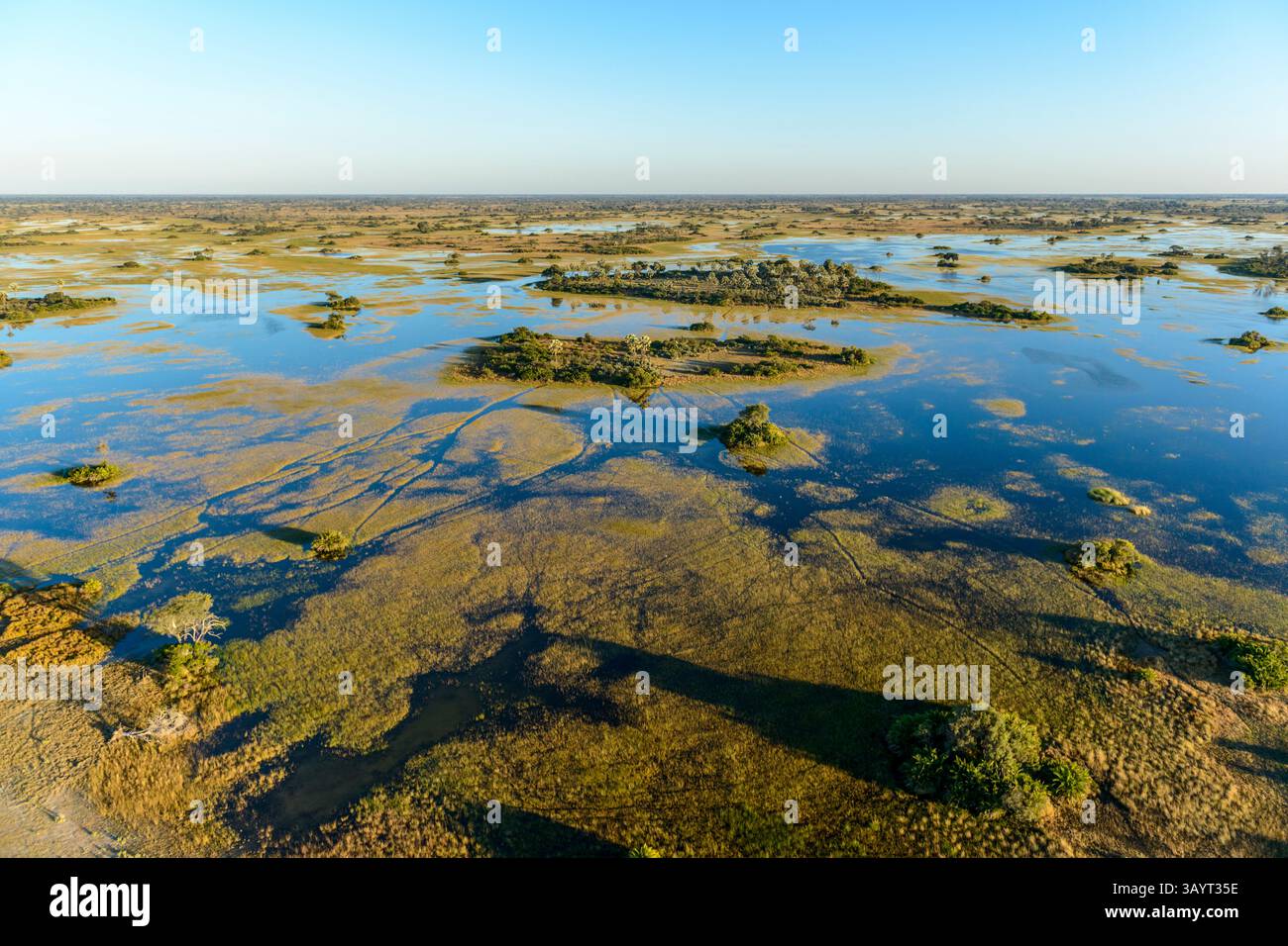 Aerial view of the Okavango Delta showing the annual flood as water ...