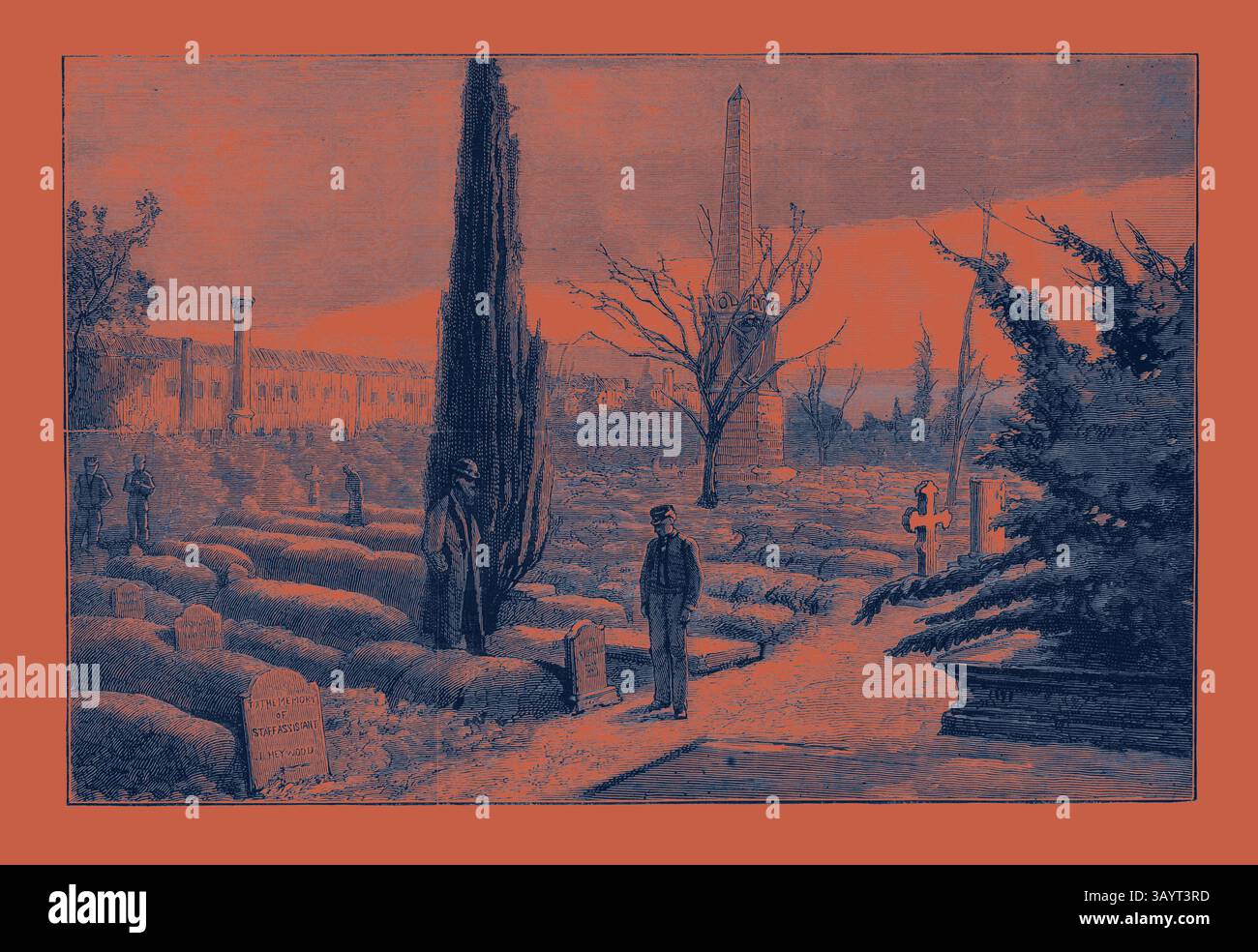 A serene cemetery scene featuring rows of gravestones, dignified trees ...