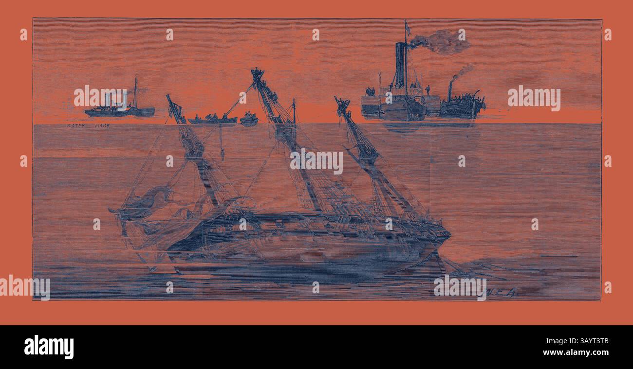 A tranquil maritime scene depicts a sailing vessel anchored in calm ...