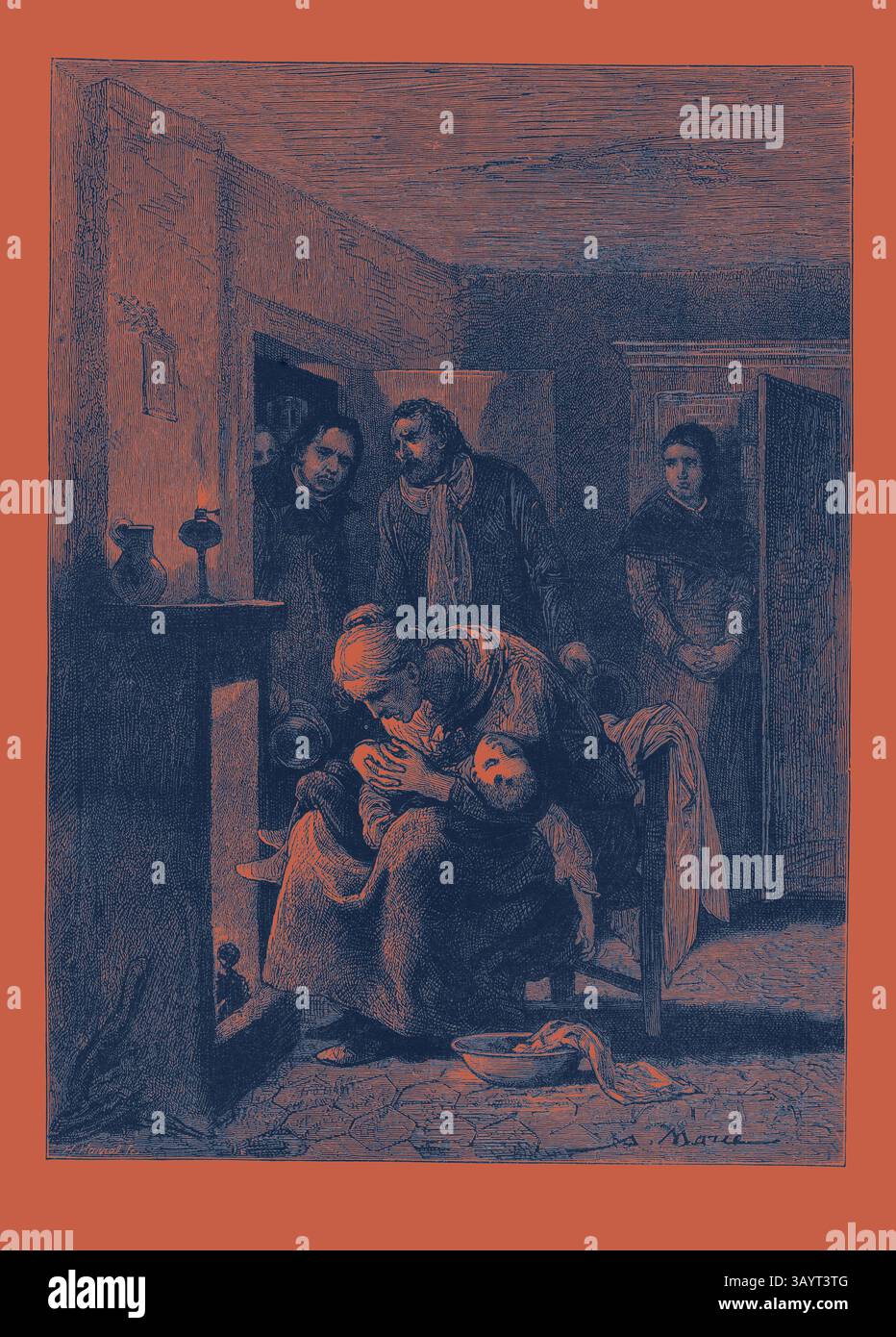 A warmly dressed elderly figure cradles a child, while three onlookers ...