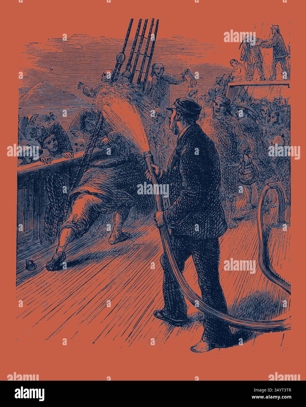 A chaotic scene unfolds on a ship as a crew member uses a water hose to ...