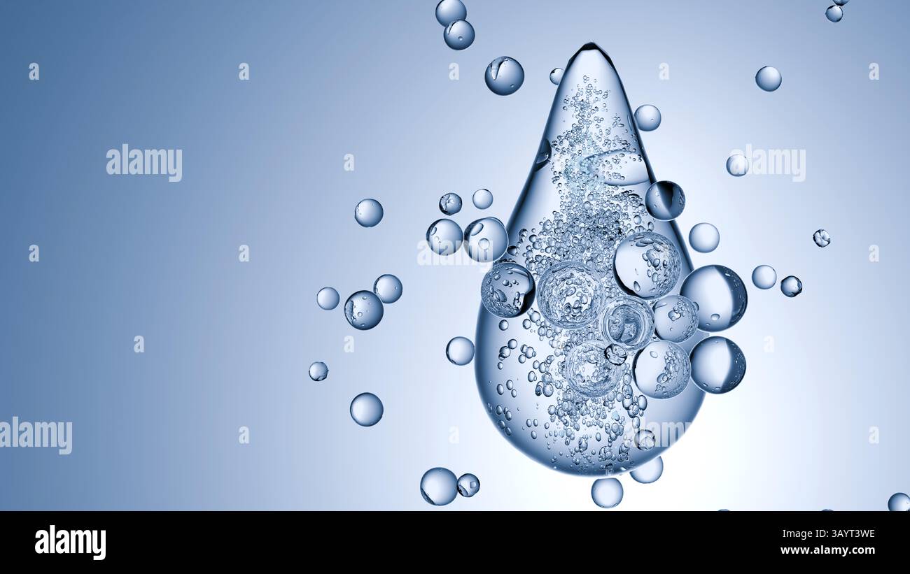 Floating water bubbles, essential Oil for cosmetics in water. blue ...