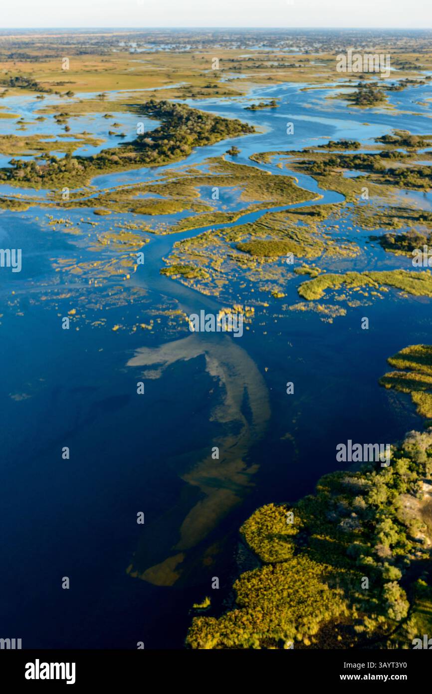 Aerial view of the Okavango Delta showing the annual flood as water ...