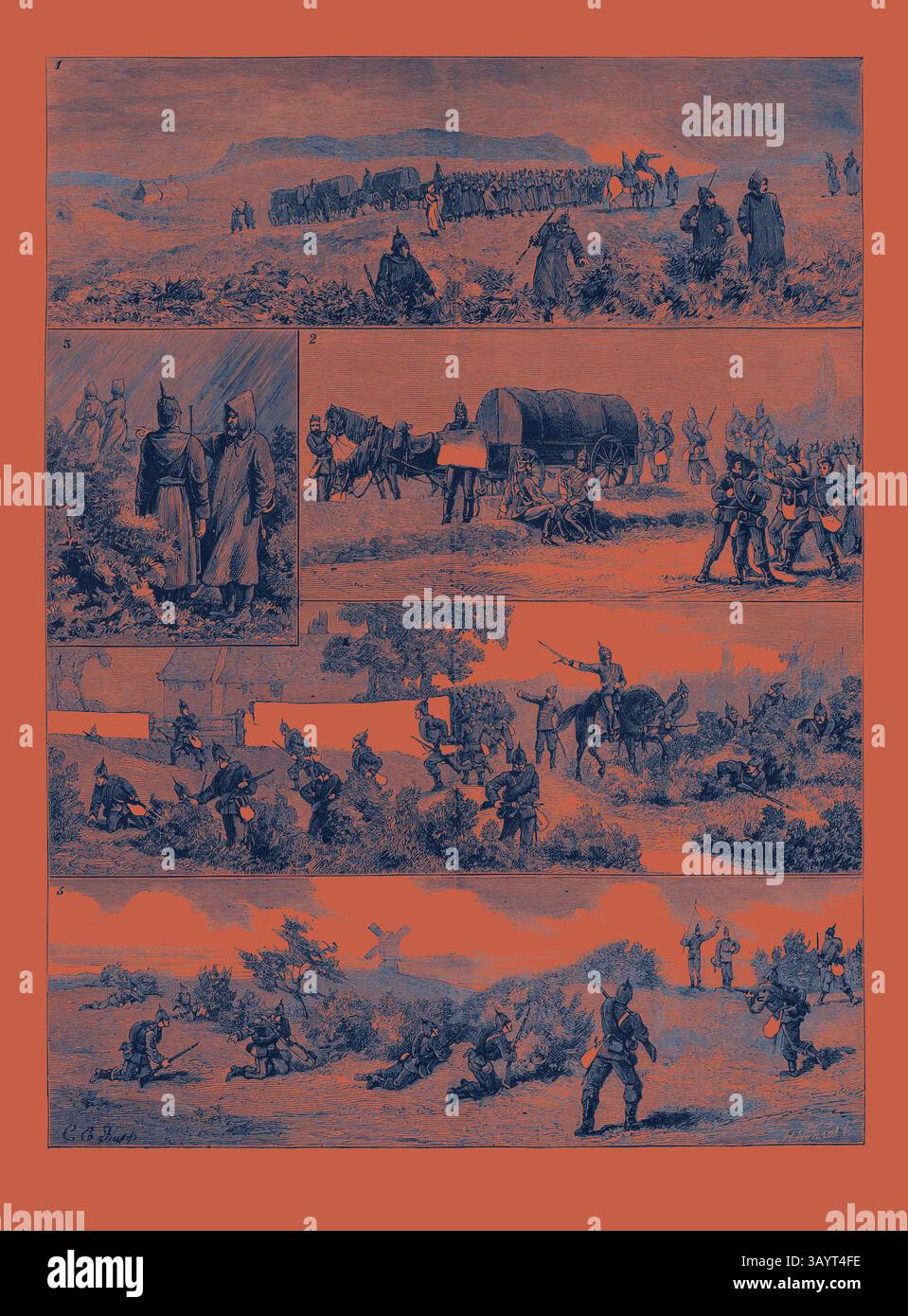 A series of illustrated scenes depicting a military conflict ...