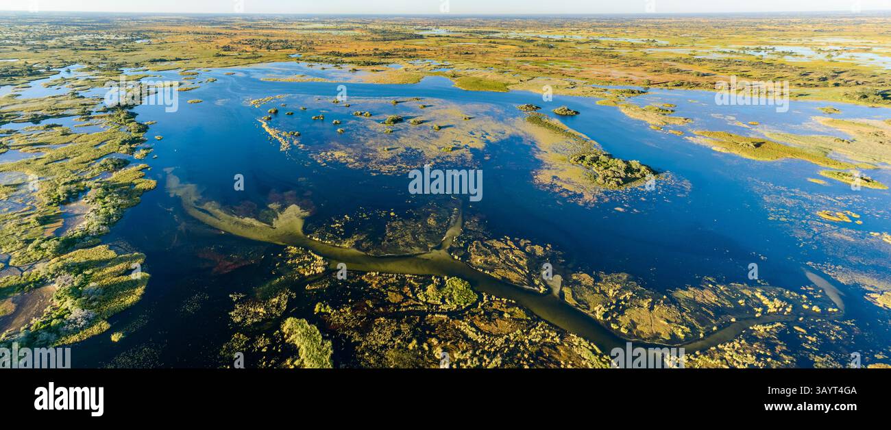 Aerial view of the Okavango Delta showing the annual flood as water ...