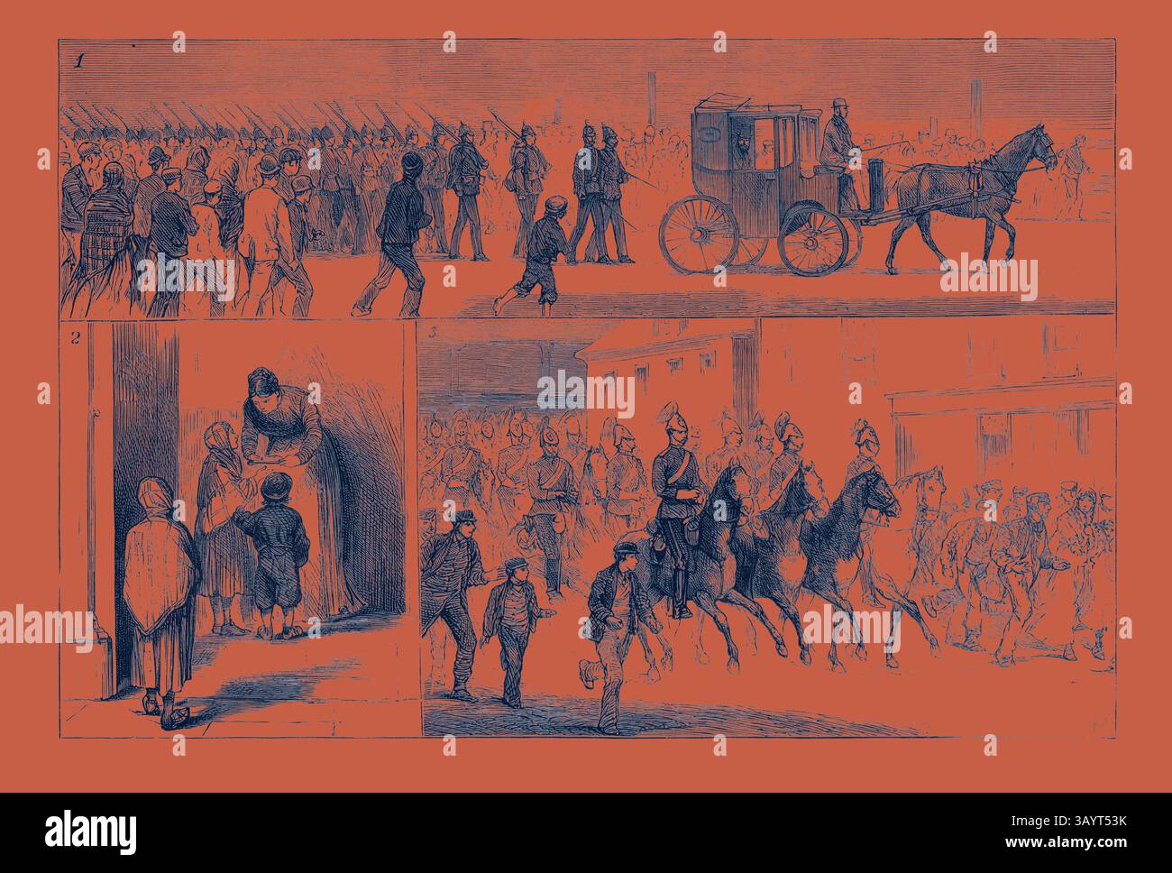 A bustling street scene features a horse-drawn carriage, crowds of ...