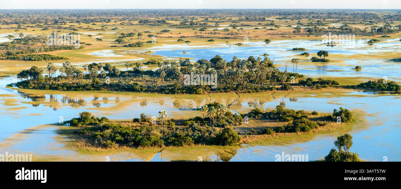 Aerial view of the Okavango Delta showing the annual flood as water ...