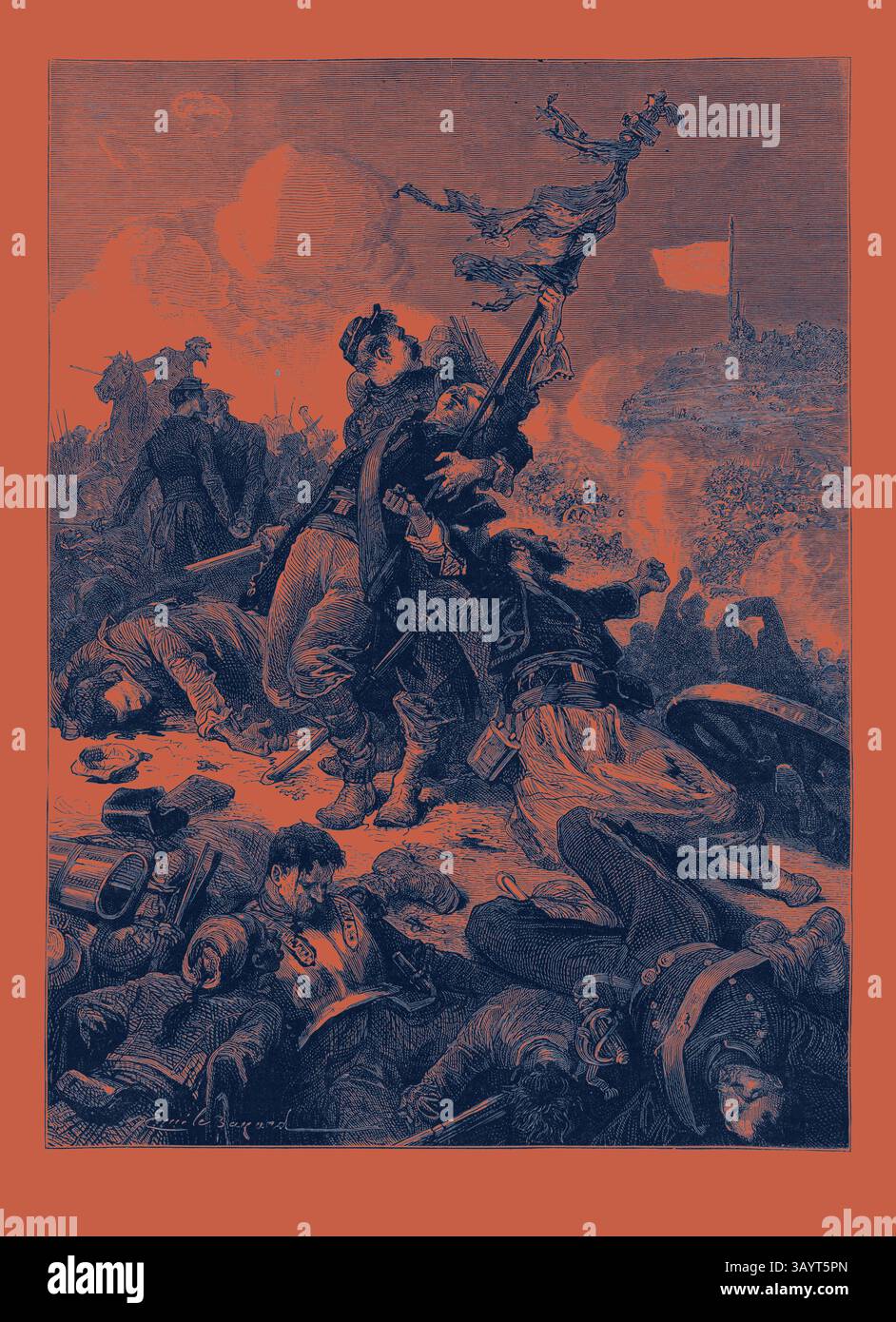 A chaotic battlefield scene depicts soldiers in the midst of a fierce ...