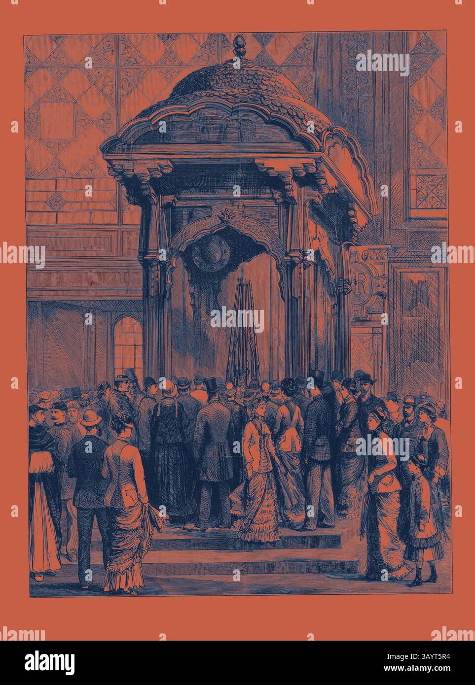 A large group of elegantly dressed individuals gathers around an ornate ...