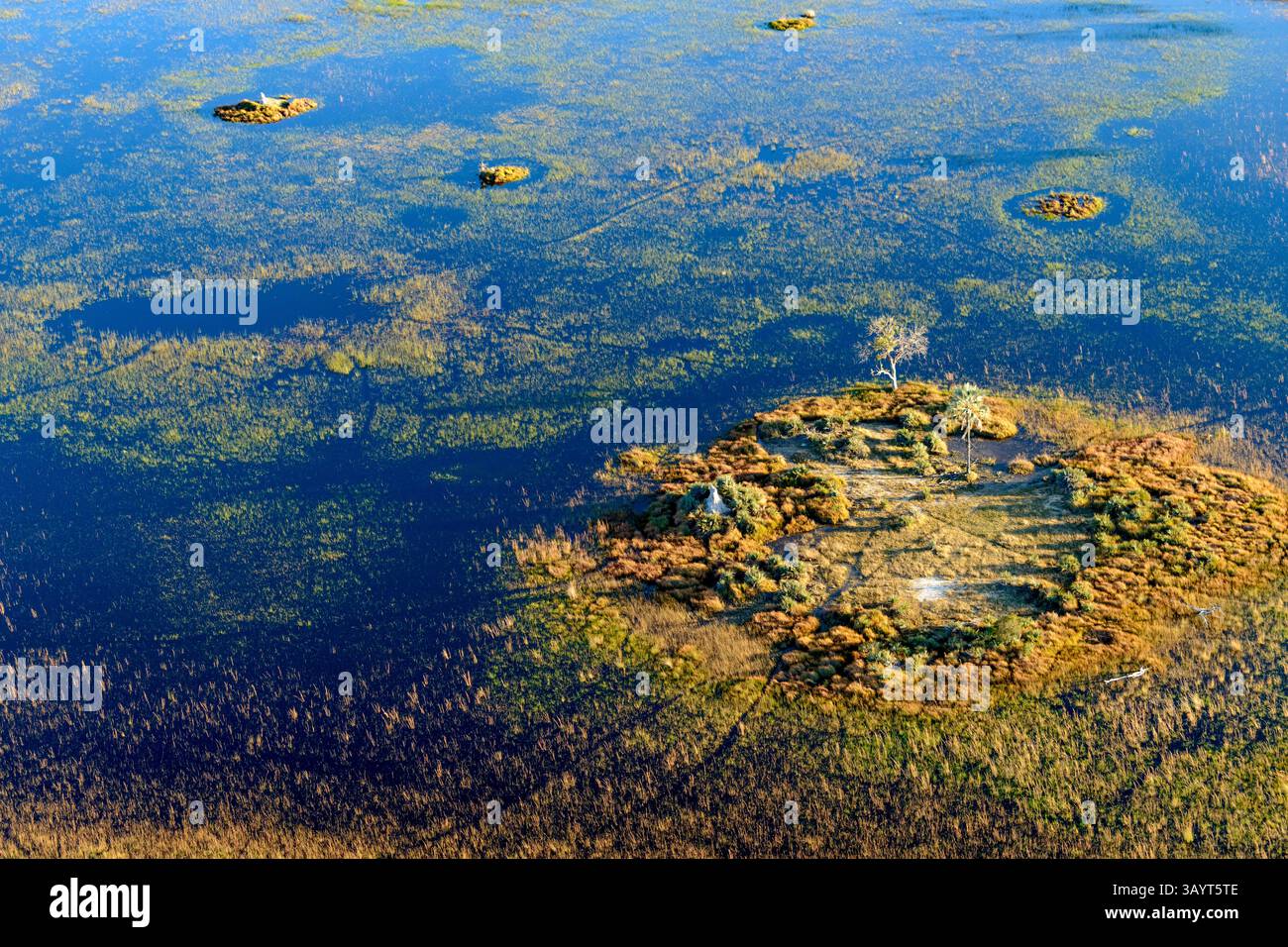 Aerial view of the Okavango Delta showing the annual flood as water ...