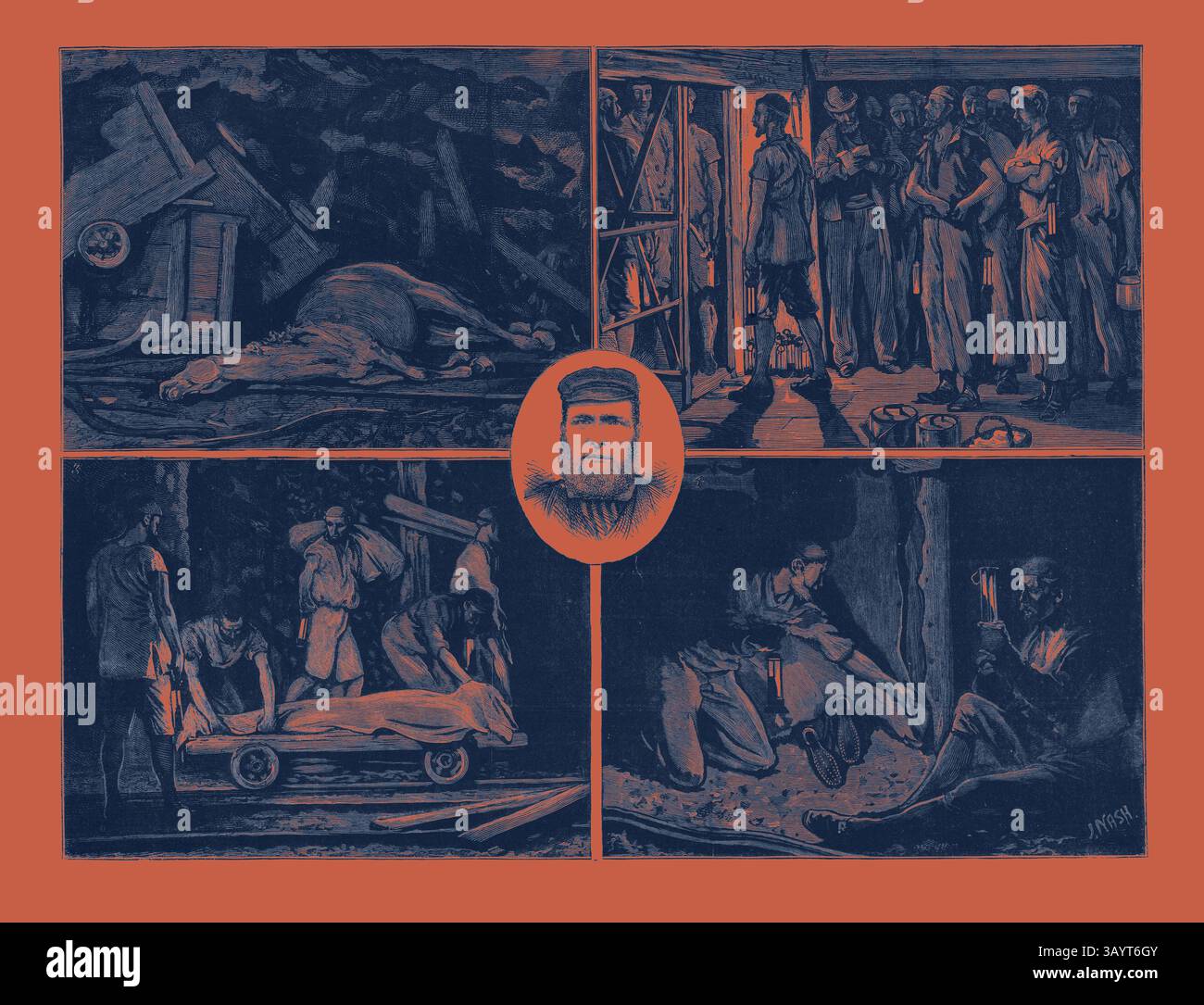 A historical scene depicting a mining incident, showcasing moments of ...