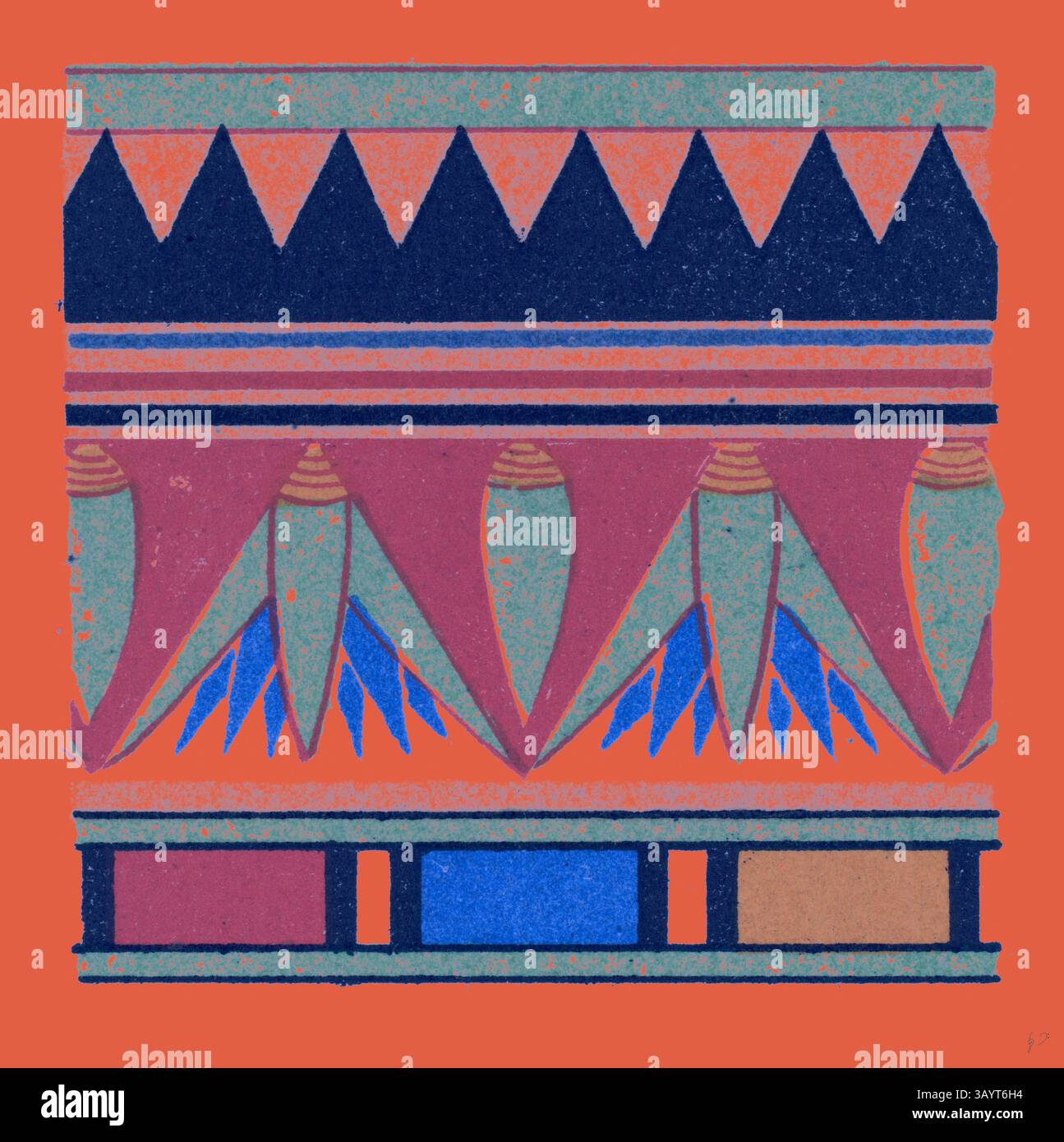 A vibrant textile design featuring geometric patterns in bold colors ...