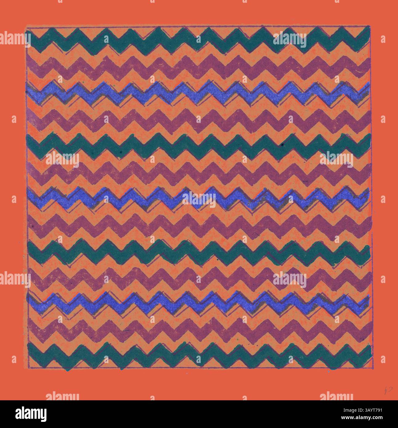 A vibrant, geometric pattern featuring bold zigzag lines in alternating colors of orange, blue ...