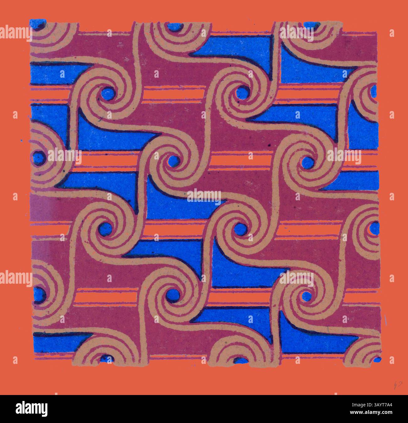 A vibrant pattern featuring swirling shapes and bold lines in ...