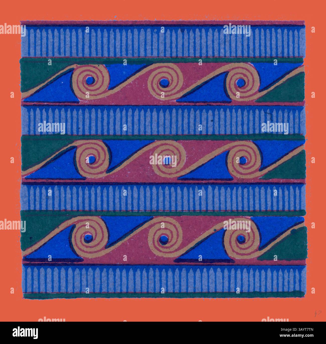 A vibrant design featuring a repeated pattern of swirling motifs in ...