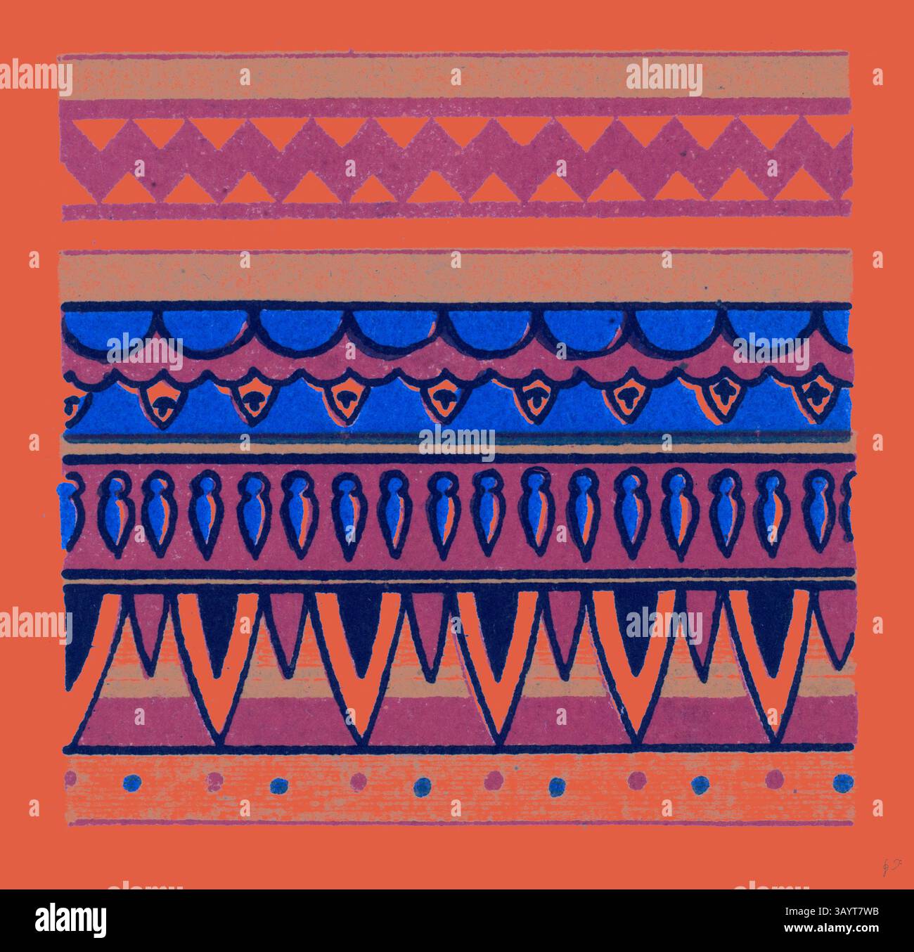 A vibrant textile design featuring bold, geometric patterns in shades ...