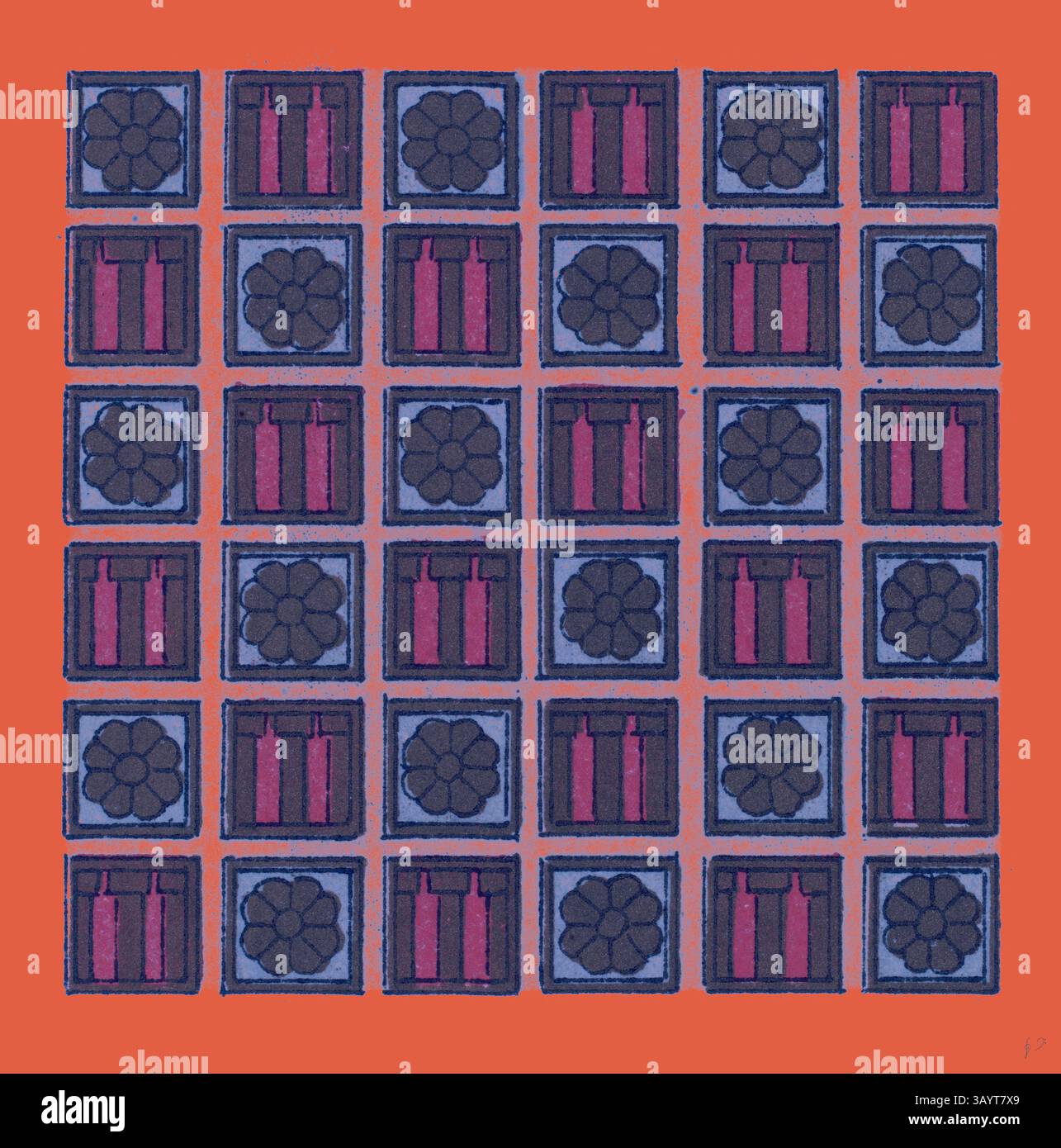 A vibrant grid pattern features alternating blocks of stylized floral ...