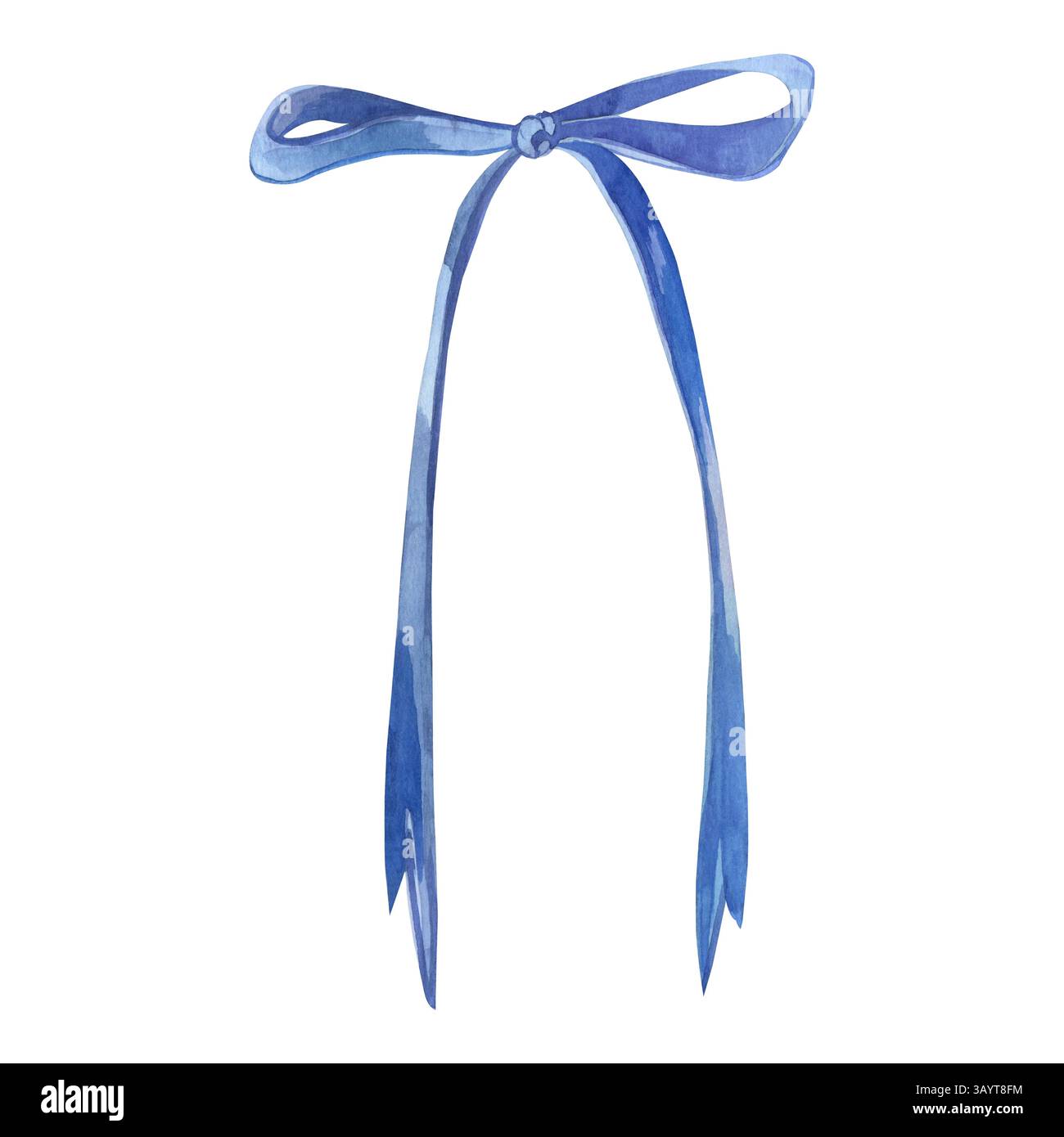 Elegant blue bow made of satin thin ribbon with long ends, hand painted ...