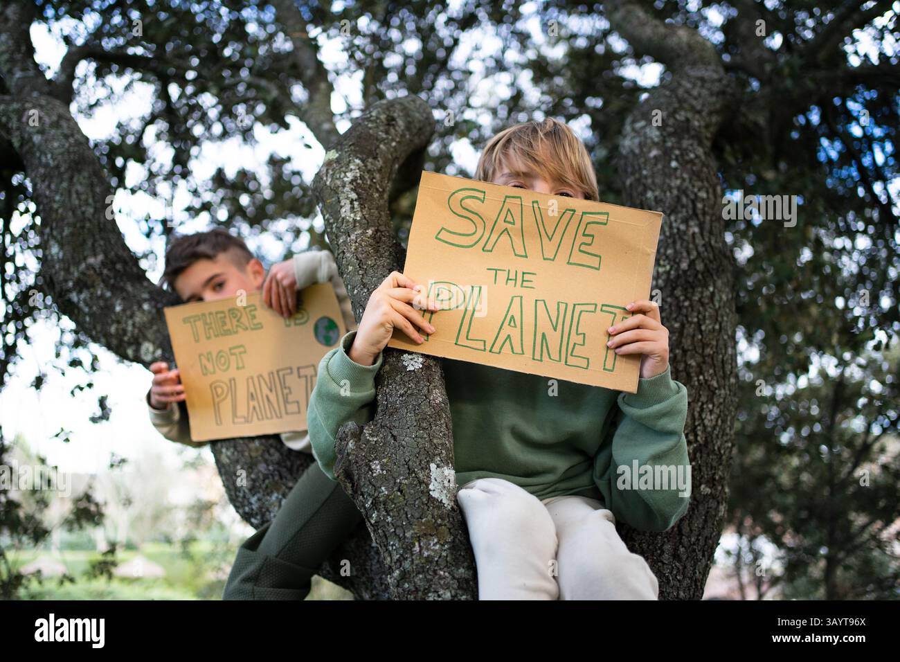 Two environmentalist children holding protest signs sitting on a tree ...