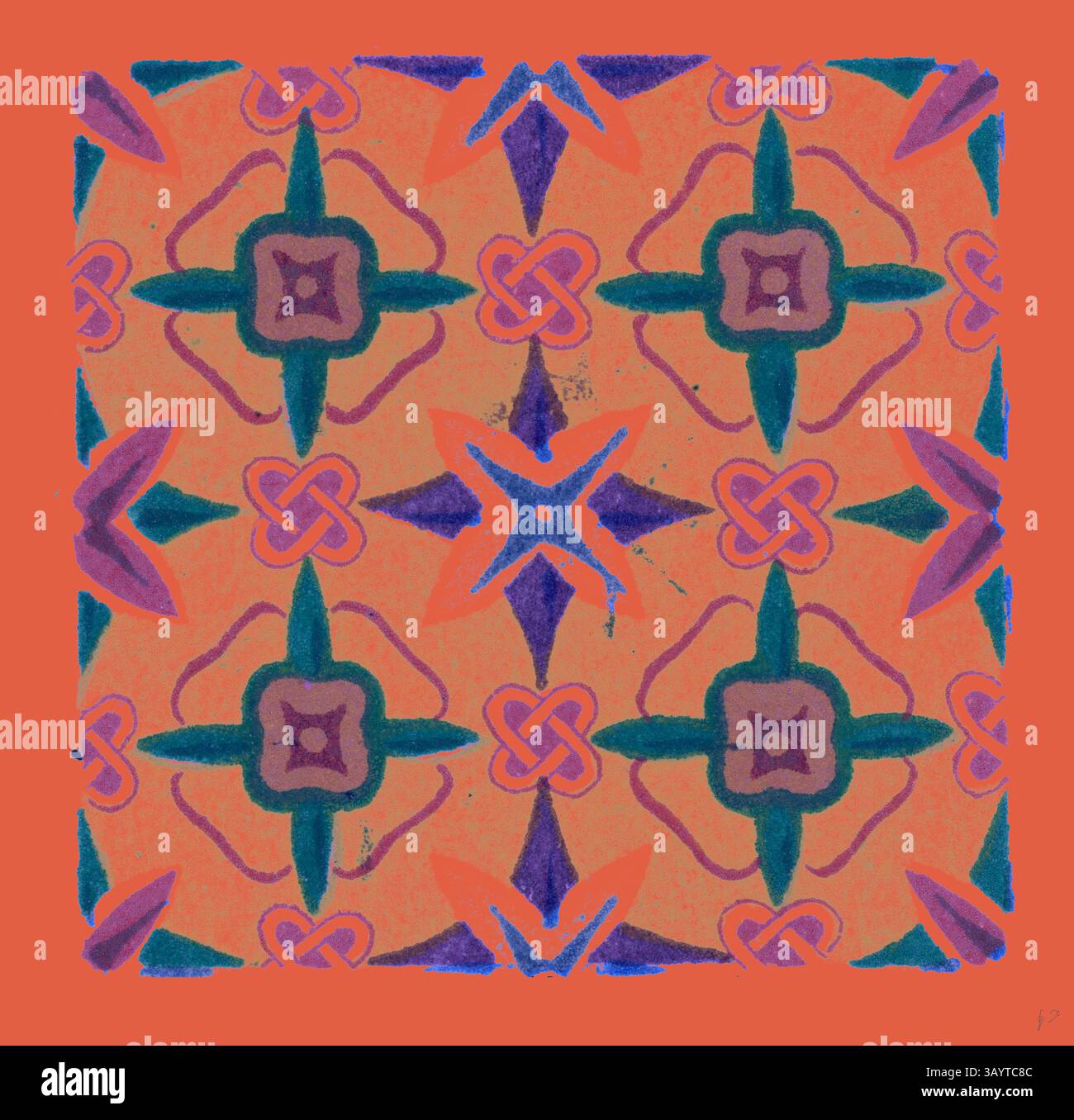 A vibrant geometric pattern featuring intricate shapes and bold colors ...