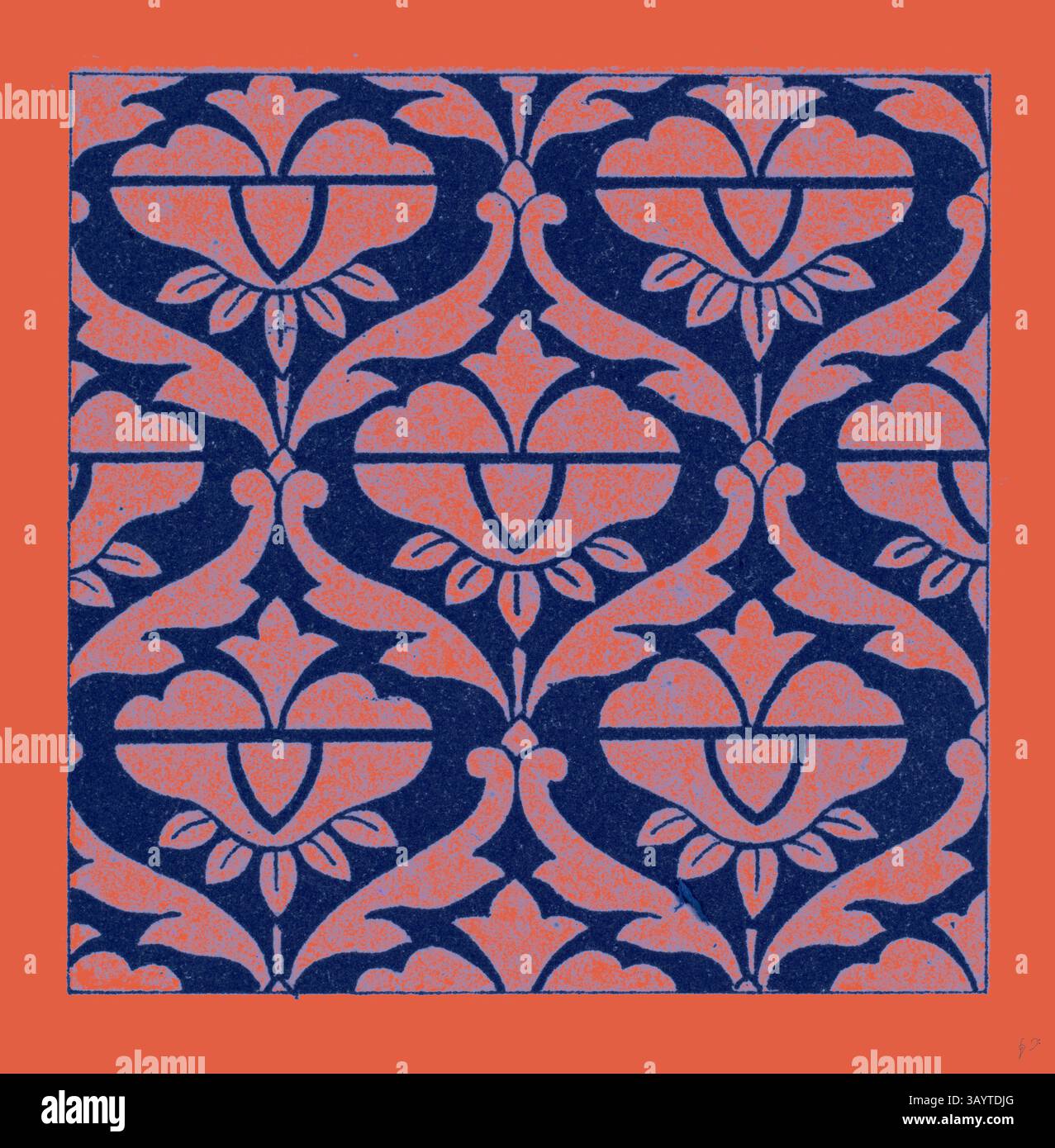 A bold pattern featuring stylized floral motifs in rich blue and warm ...