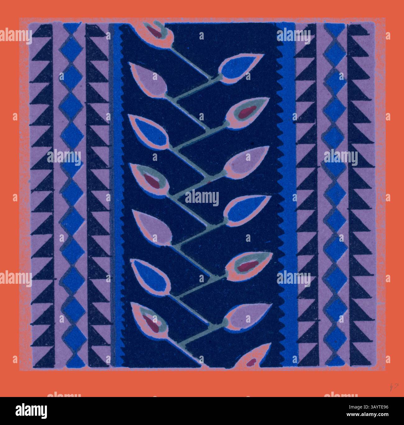 A vibrant textile design featuring stylized floral motifs intertwined ...